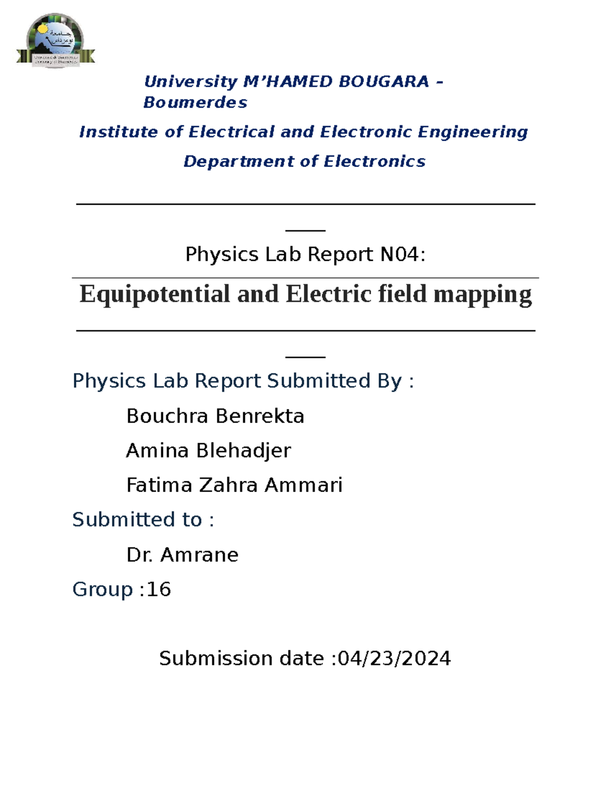 Lab 04 - lab report - University M’HAMED BOUGARA – Boumerdes Institute of Electrical and ...