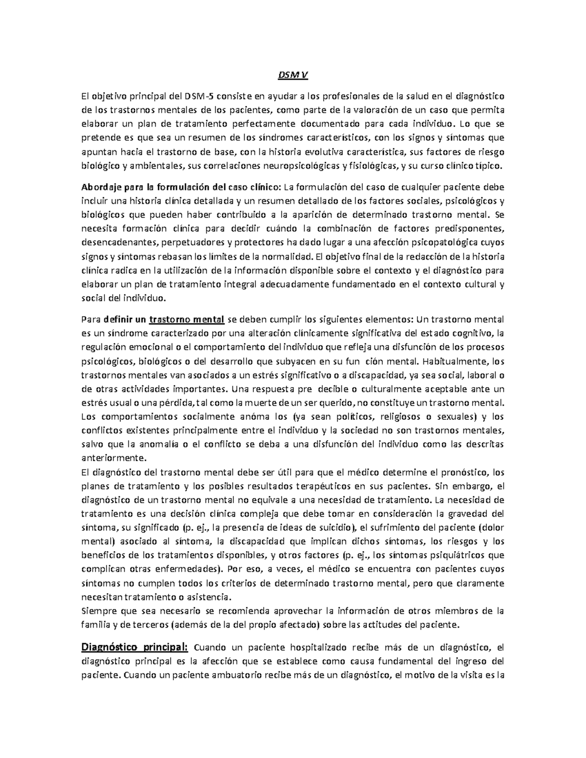 DSM V resumen - DSM V El objetivo principal del DSM-5 consiste en ayudar a los profesionales de ...