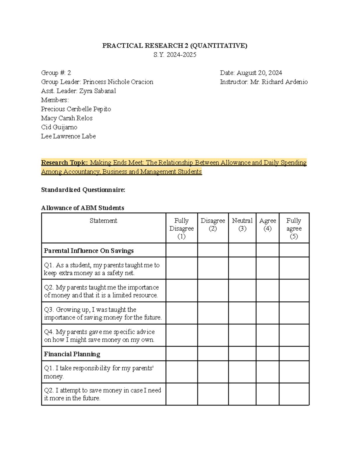 Standardized Questionnaire - PRACTICAL RESEARCH 2 (QUANTITATIVE) S ...