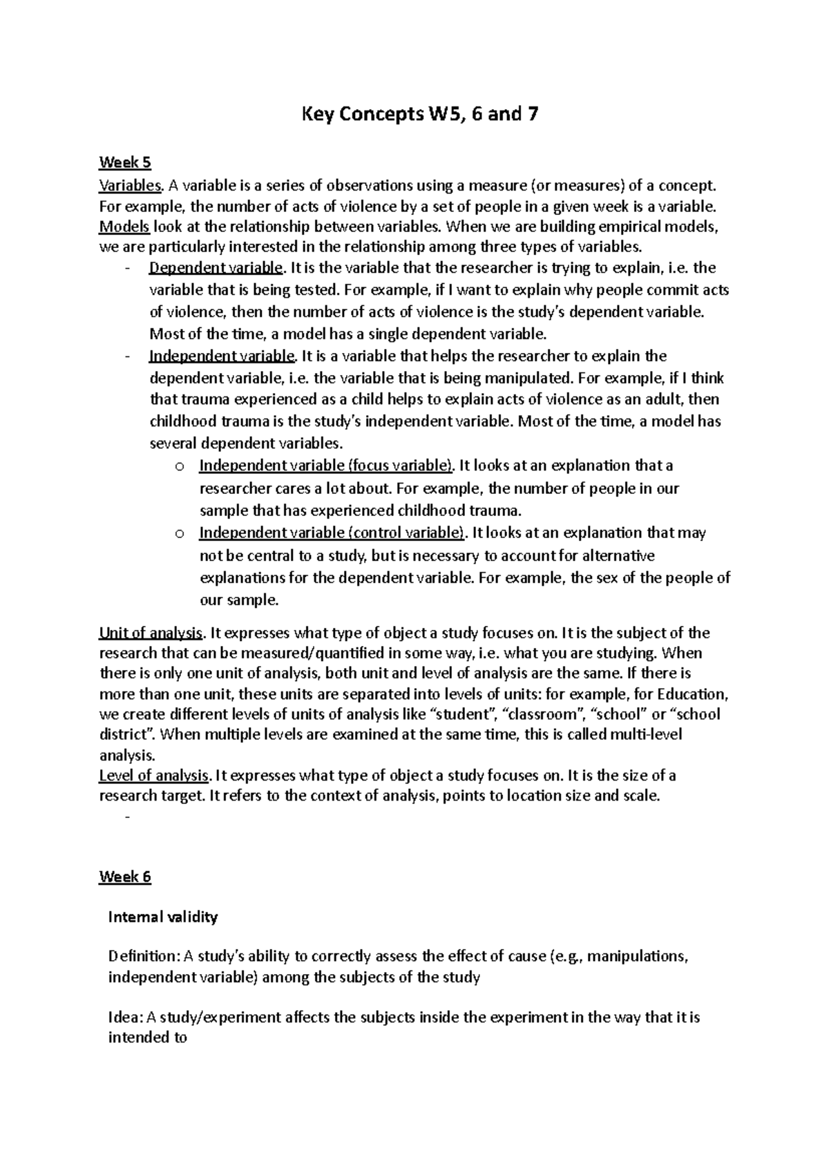 Key concepts Weeks 5-7 - Key Concepts W5, 6 and 7 Week 5 Variables. A ...