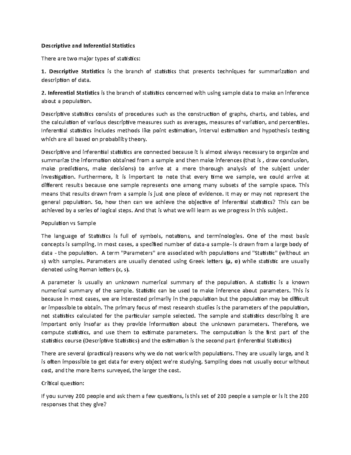 Descriptive and Inferential Statistics lesson - Descriptive and ...