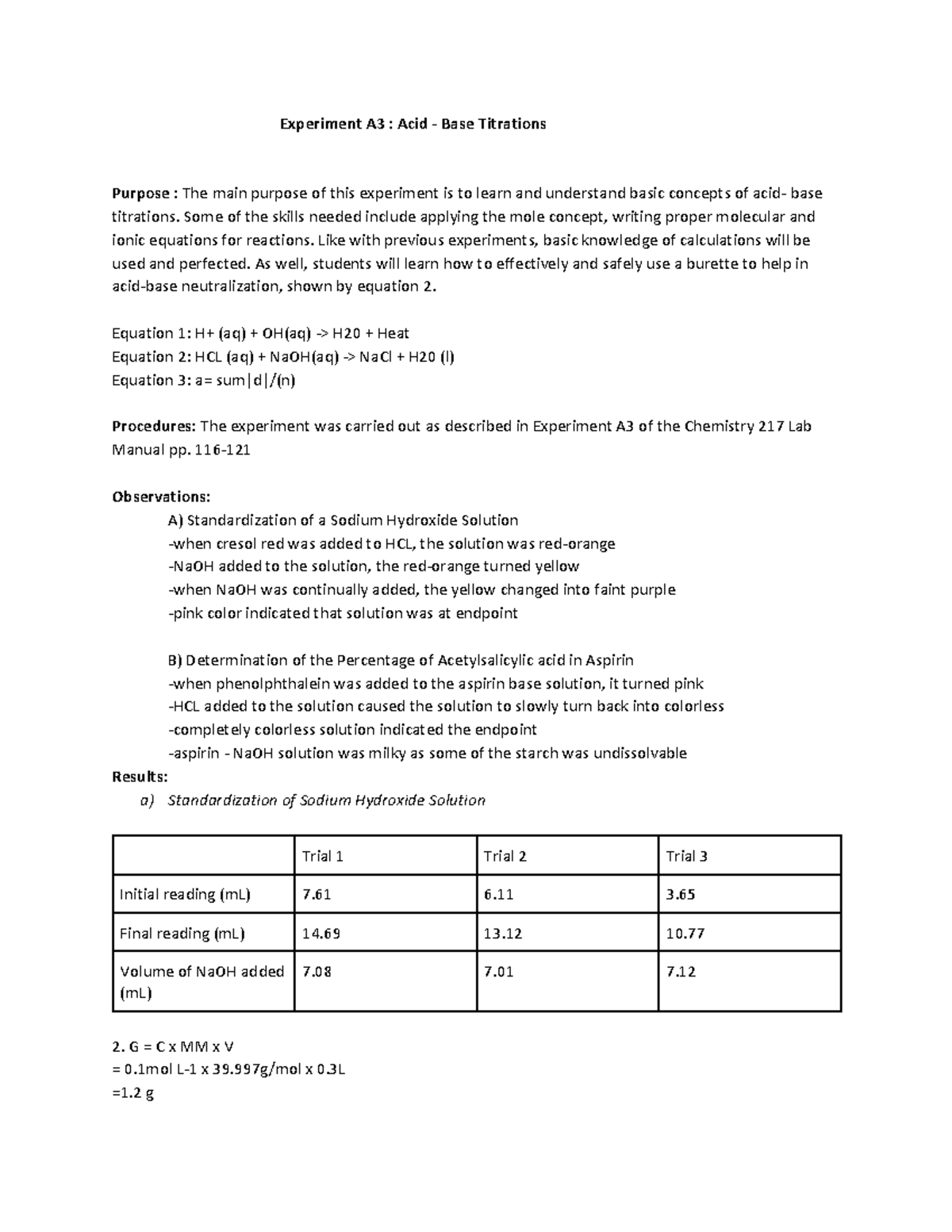 Chem 217 A3 - experiment a3 - Experiment A3 : Acid - Base Titrations ...