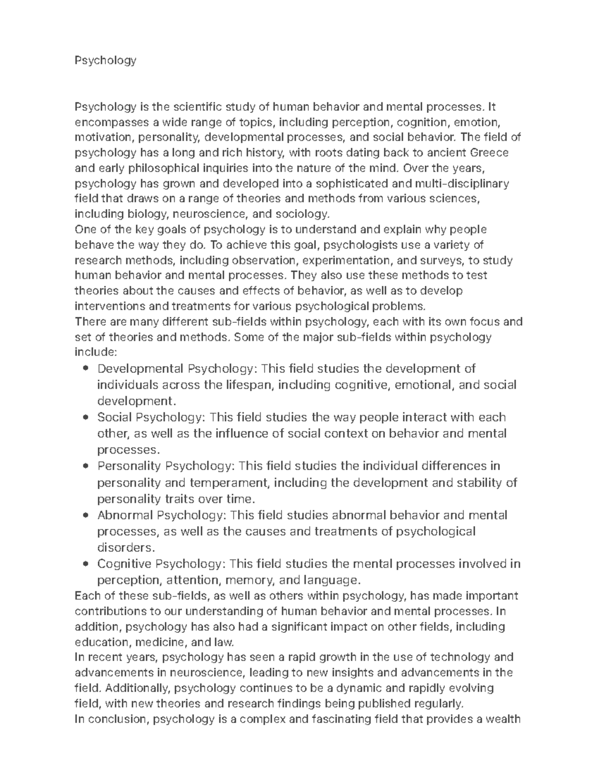 Psychology - notes - Psychology Psychology is the scientific study of ...