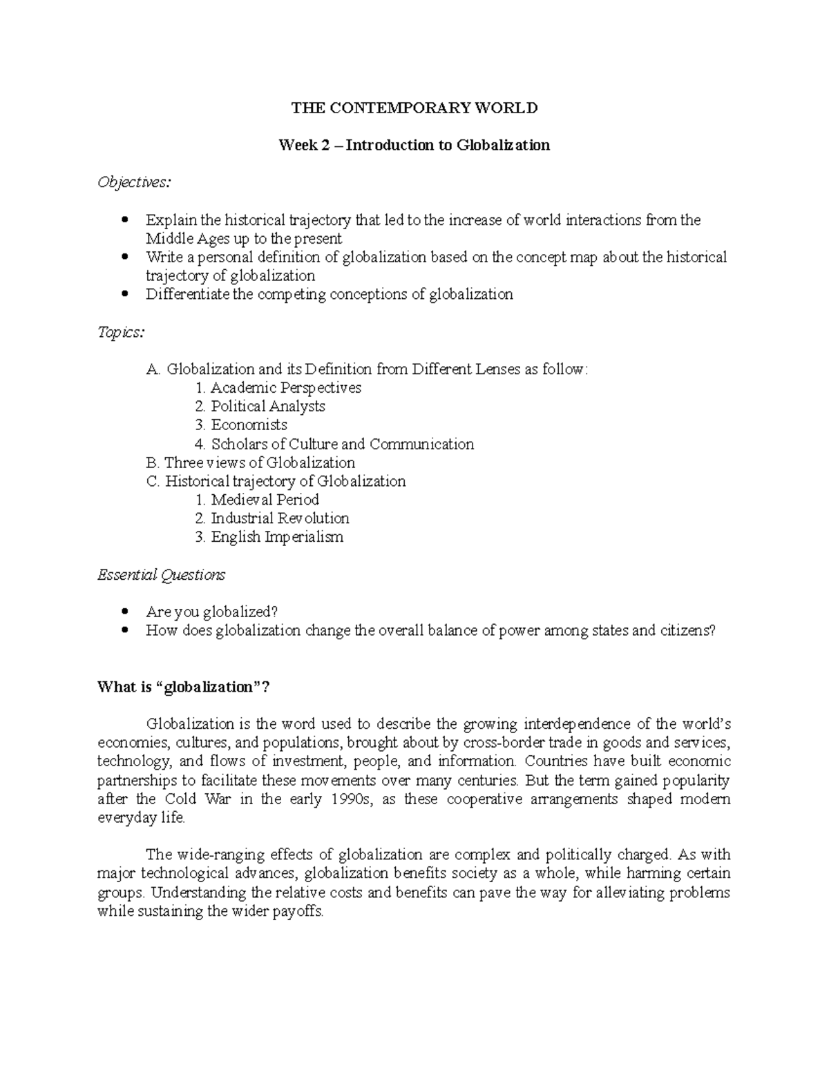 Week 2 - Introduction to Globalization - THE CONTEMPORARY WORLD Week 2 ...