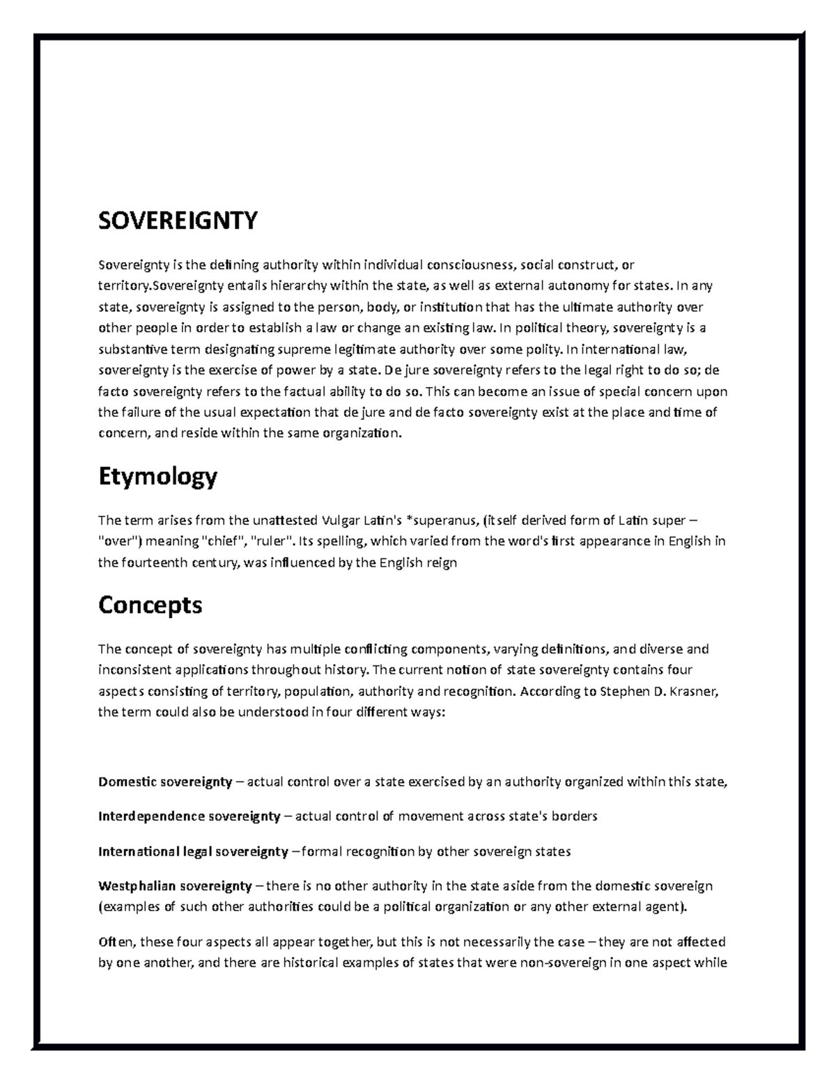 Sovereignty - SOVEREIGNTY Sovereignty is the defining authority within ...