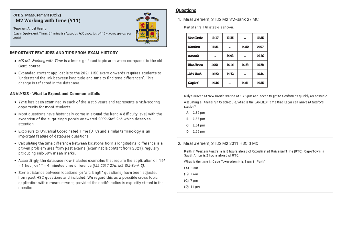 Ch9 HSC Working with Time - STD 2: Measurement (Std 2) M2 Working with ...