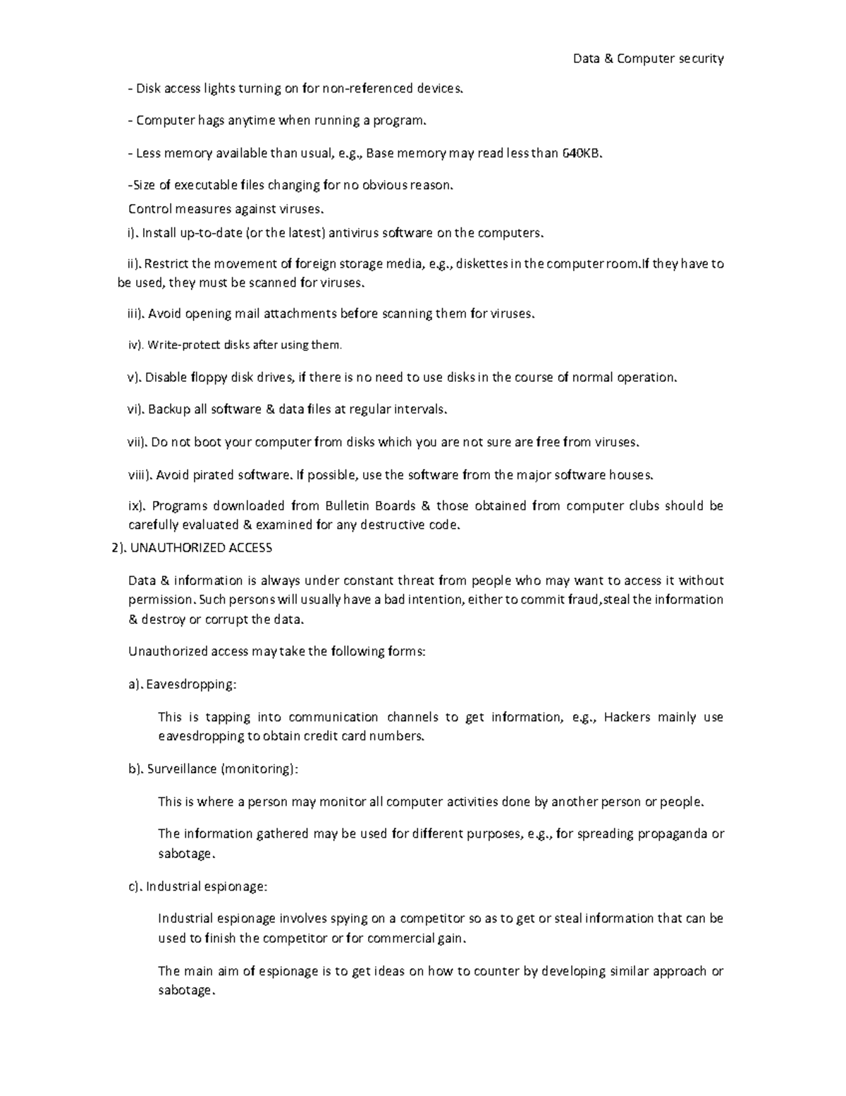 Computer Security - Notes - Data & Computer security Disk access lights ...