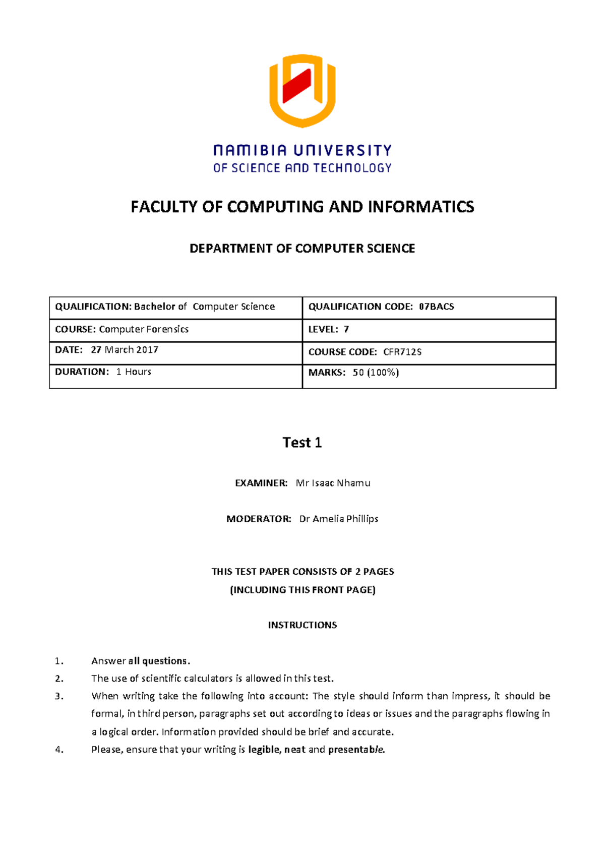 Computer Forensics Test 1 2017 - FACULTY OF COMPUTING AND INFORMATICS ...