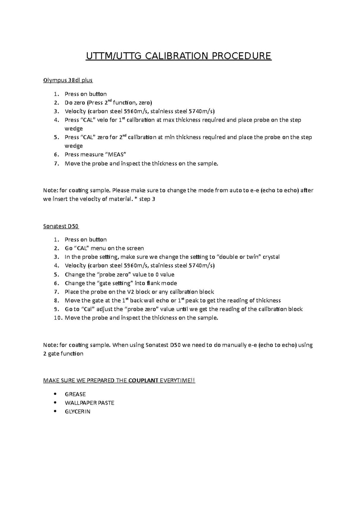 Uttm procedure - UTTM/UTTG CALIBRATION PROCEDURE Olympus 38dl plus ...