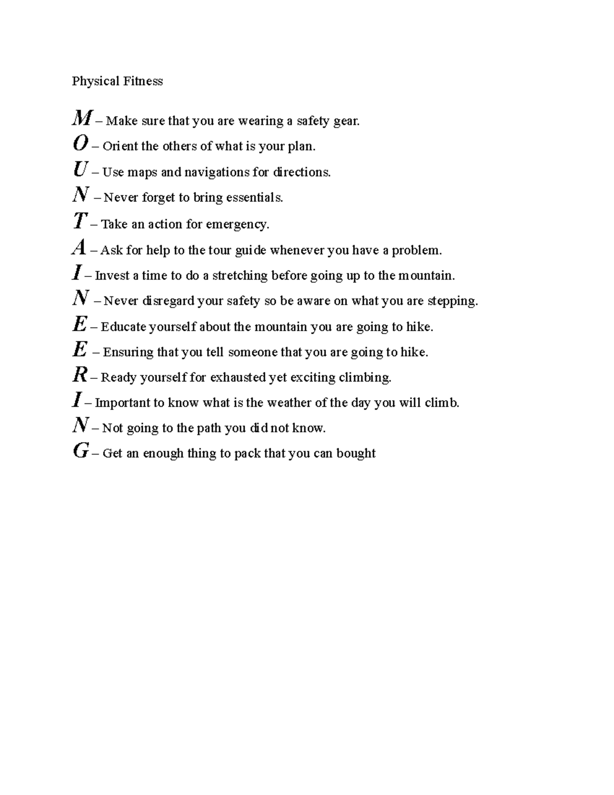 Physical Fitness Acrostic - Physical Fitness M – Make sure that you are ...