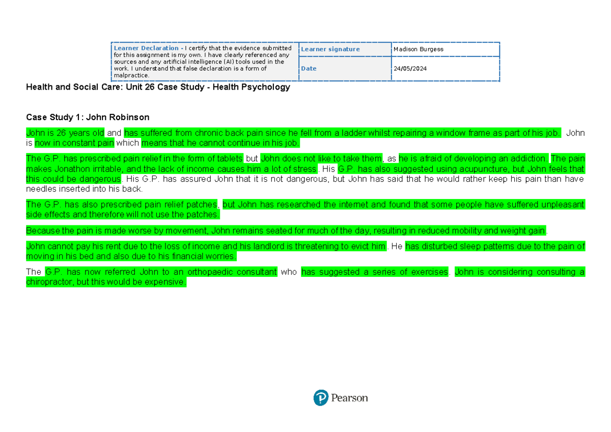 Unit 26 Health Psychology Case Study 2024 - Health and Social Care ...
