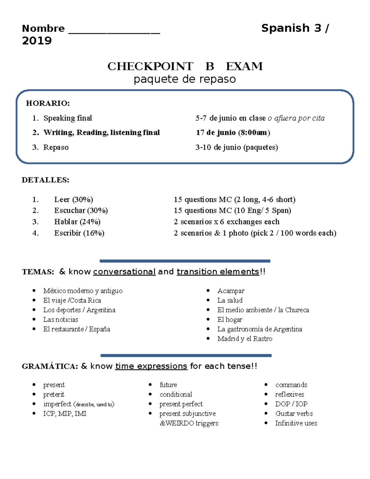 Review Packet Matthews - Nombre ___________________ Spanish 3 / 2019 ...