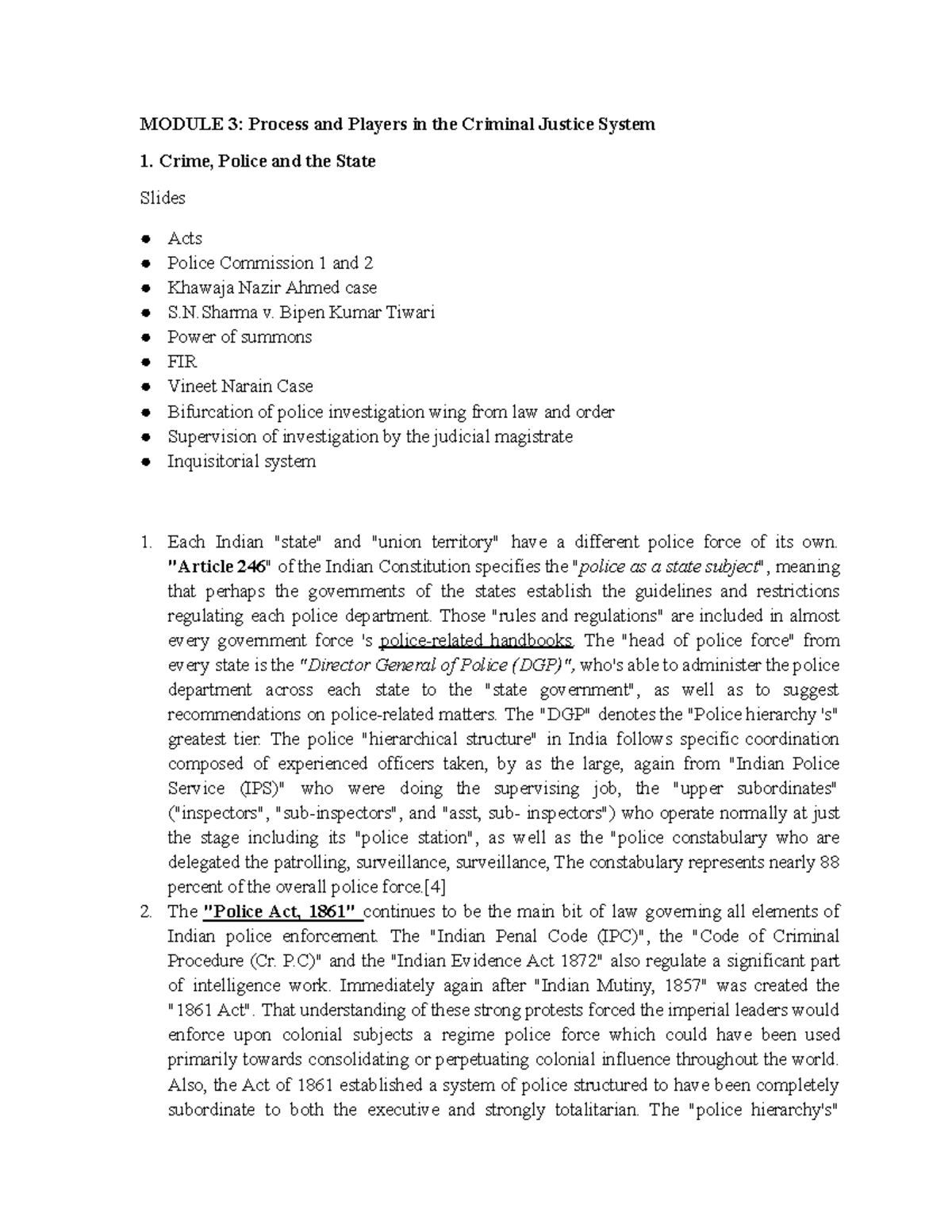 CJS END TERM - MODULE 3: Process and Players in the Criminal Justice System Crime, Police and ...