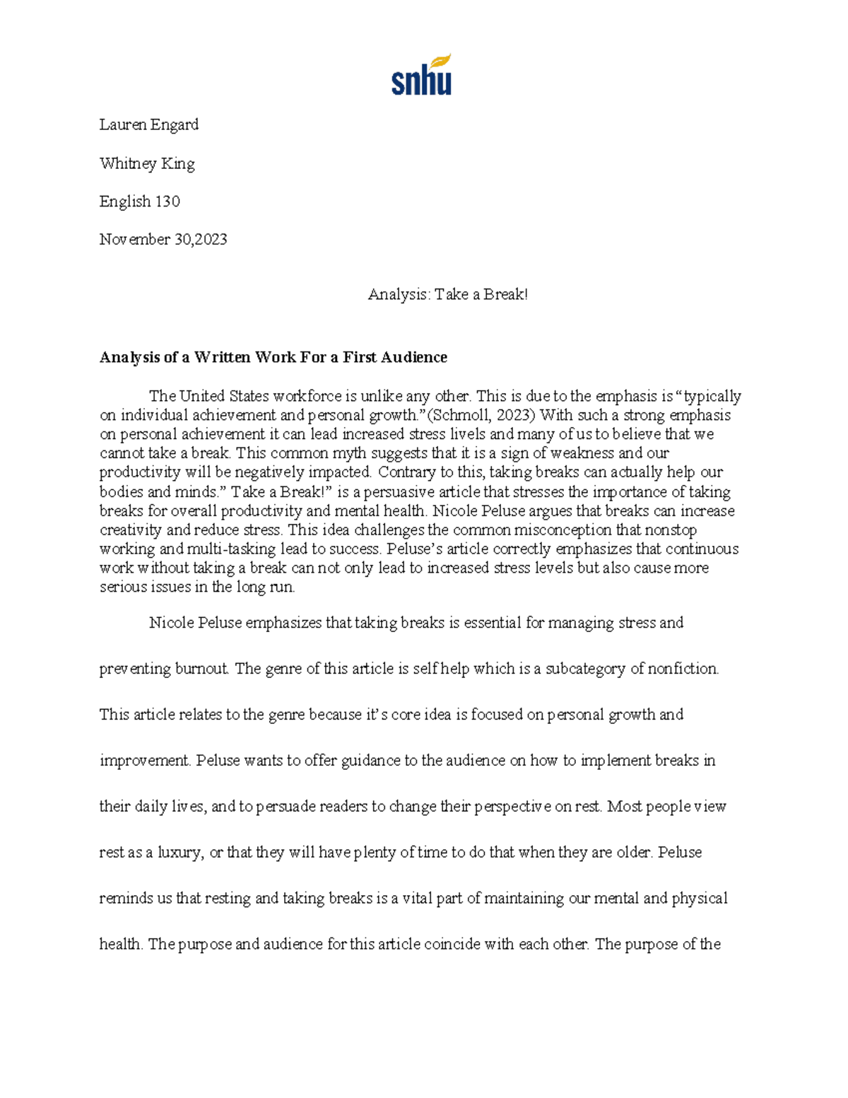 ENG 130 Project MLA - Lauren Engard Whitney King English 130 November ...