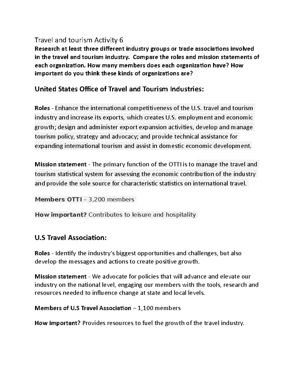 Travel and tourism Activity 6 - Compare the roles and mission ...