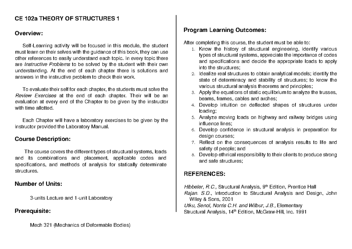 TOS 1 Module 1 023550 - Practice exercises included - CE 102a THEORY OF STRUCTURES 1 Overview ...