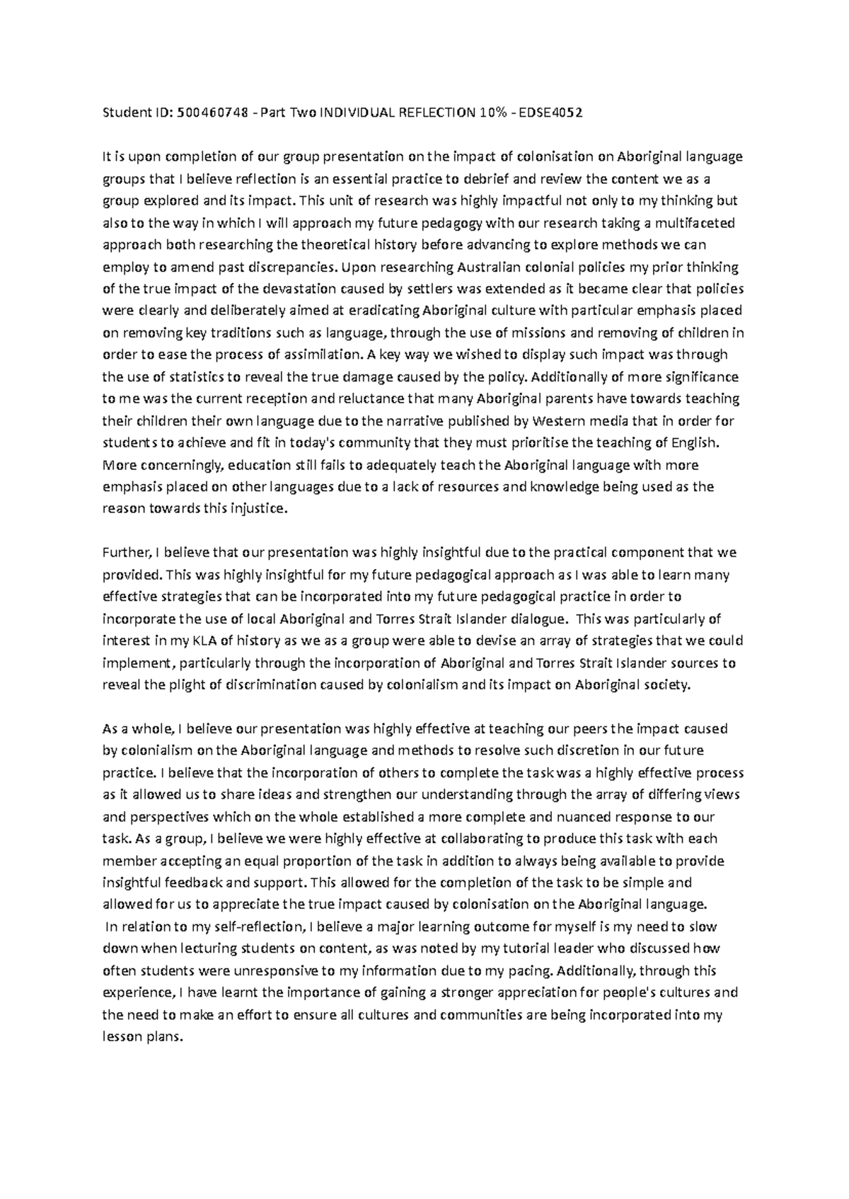 Part Two Individual Reflection - EDSE4052 - Student ID: 500460748 ...