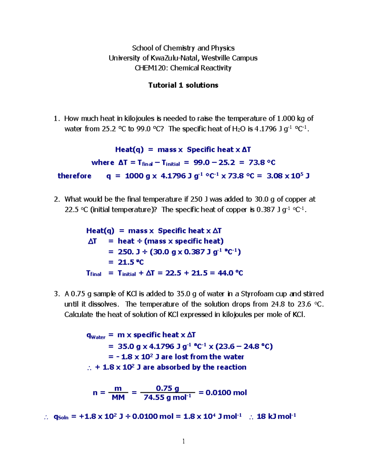 Tutorial 1 solutions - tut1 - 1 School of Chemistry and Physics ...