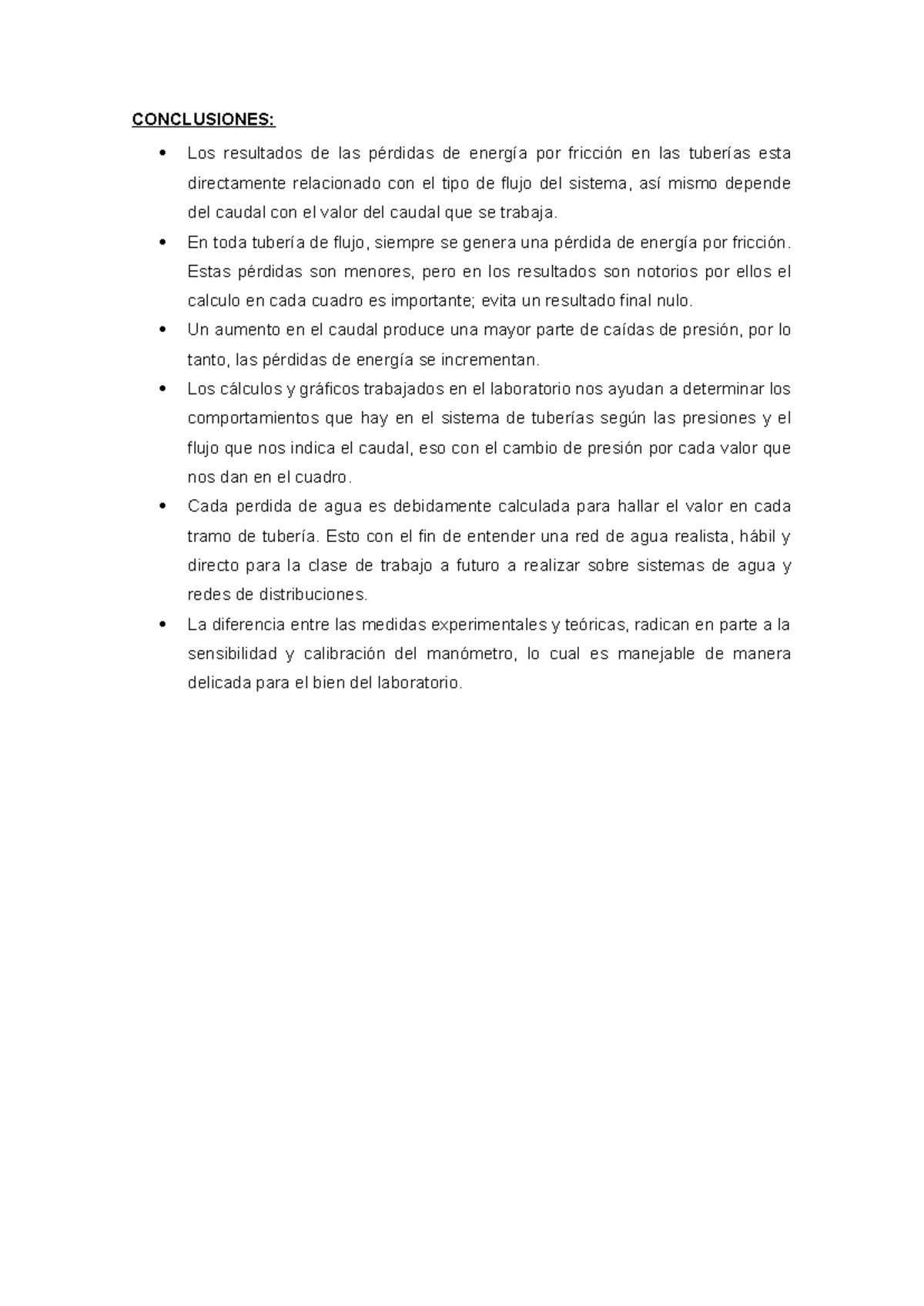 Conclusiones LAB Friccienductos - CONCLUSIONES: Los resultados de las pérdidas de energía por ...