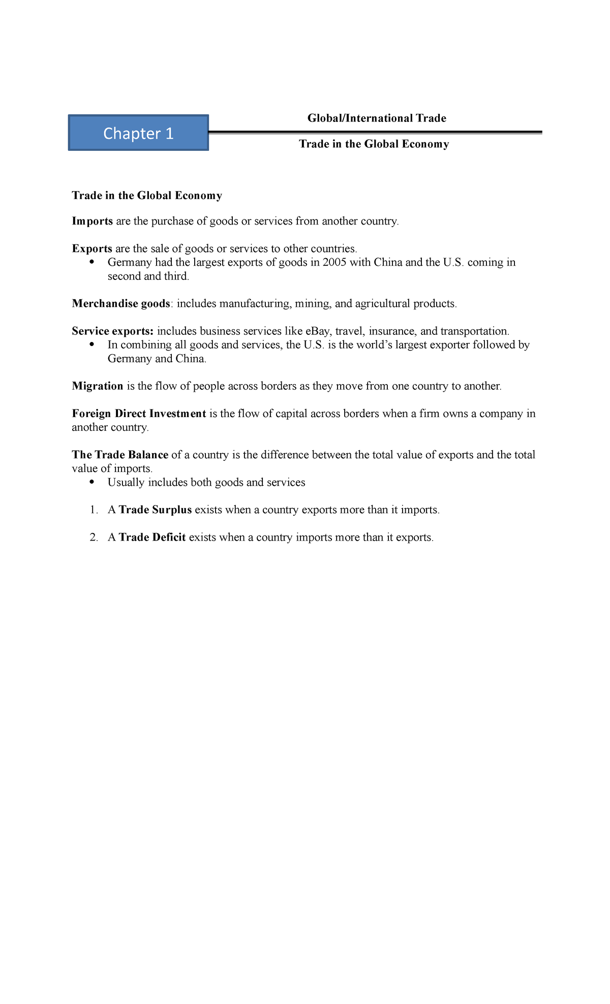 Global chapter 1 - Lecture notes 1 - Global/International Trade Trade ...