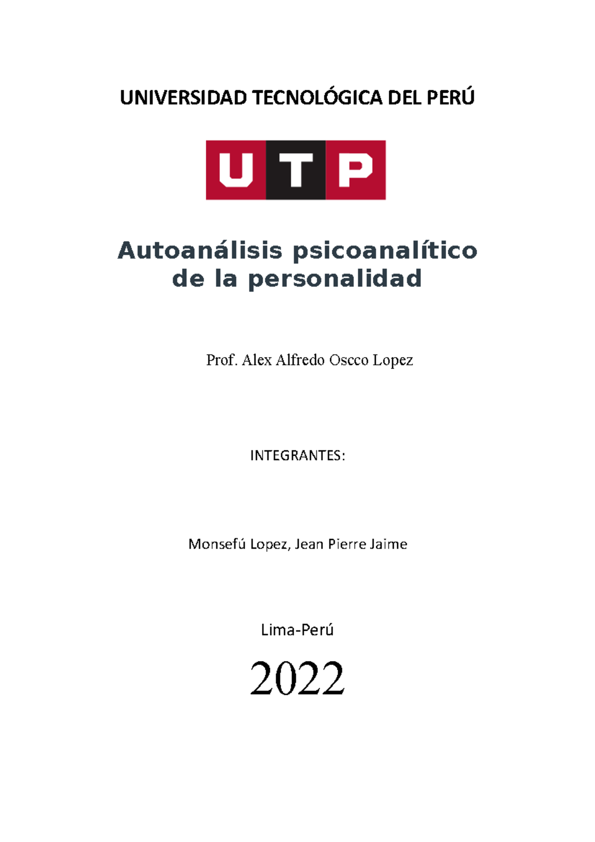 Autoanálisis psicoanalítico de la personalidad - UNIVERSIDAD ...