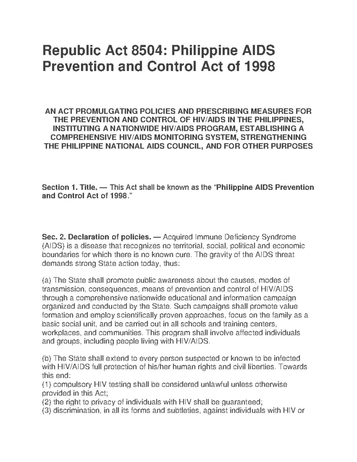 Republic Act 8504 Republic Act 8504 Philippine AIDS Prevention And