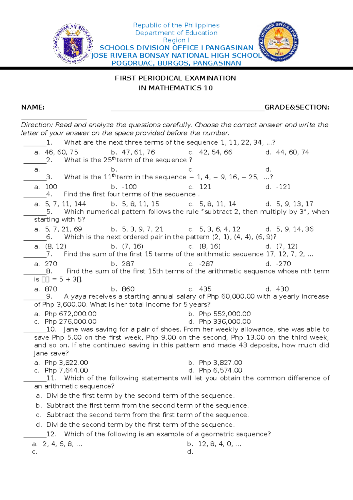 1ST Periodical EXAM-MATH 10 - Republic of the Philippines Department of ...