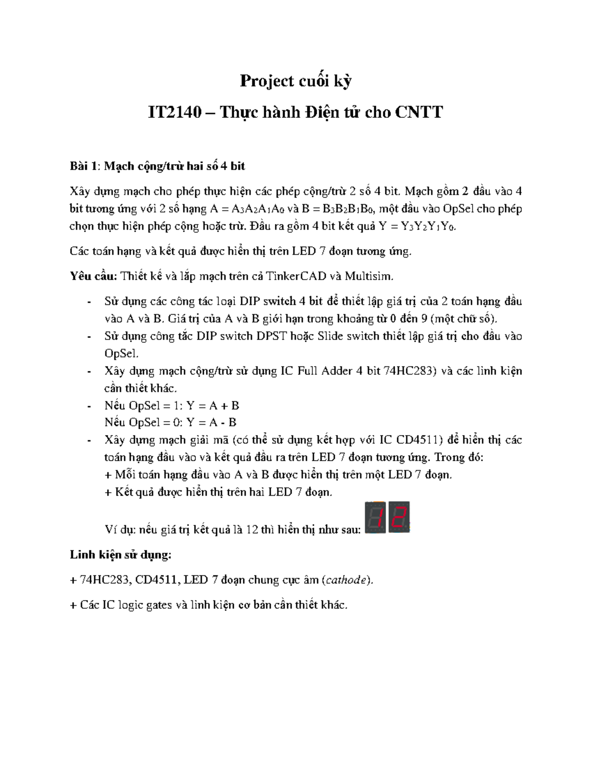 LAB Danh sach bai tap cuoi ky - Project cuối kỳ IT2140 – Thực hành Điện tử cho CNTT Bài 1: Mạch ...