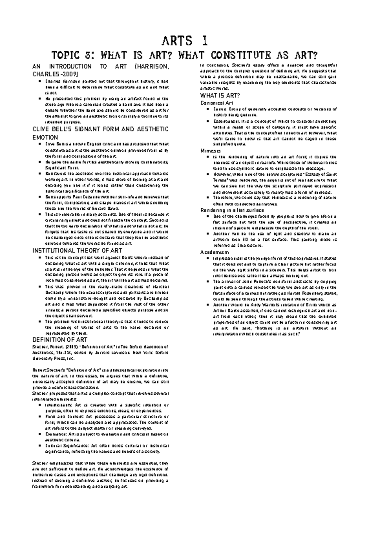 ARTS 1 - Topic 3 Notes - ARTS 1 TOPIC 3 : WHAT IS ART? WHAT CONSTITUTE ...