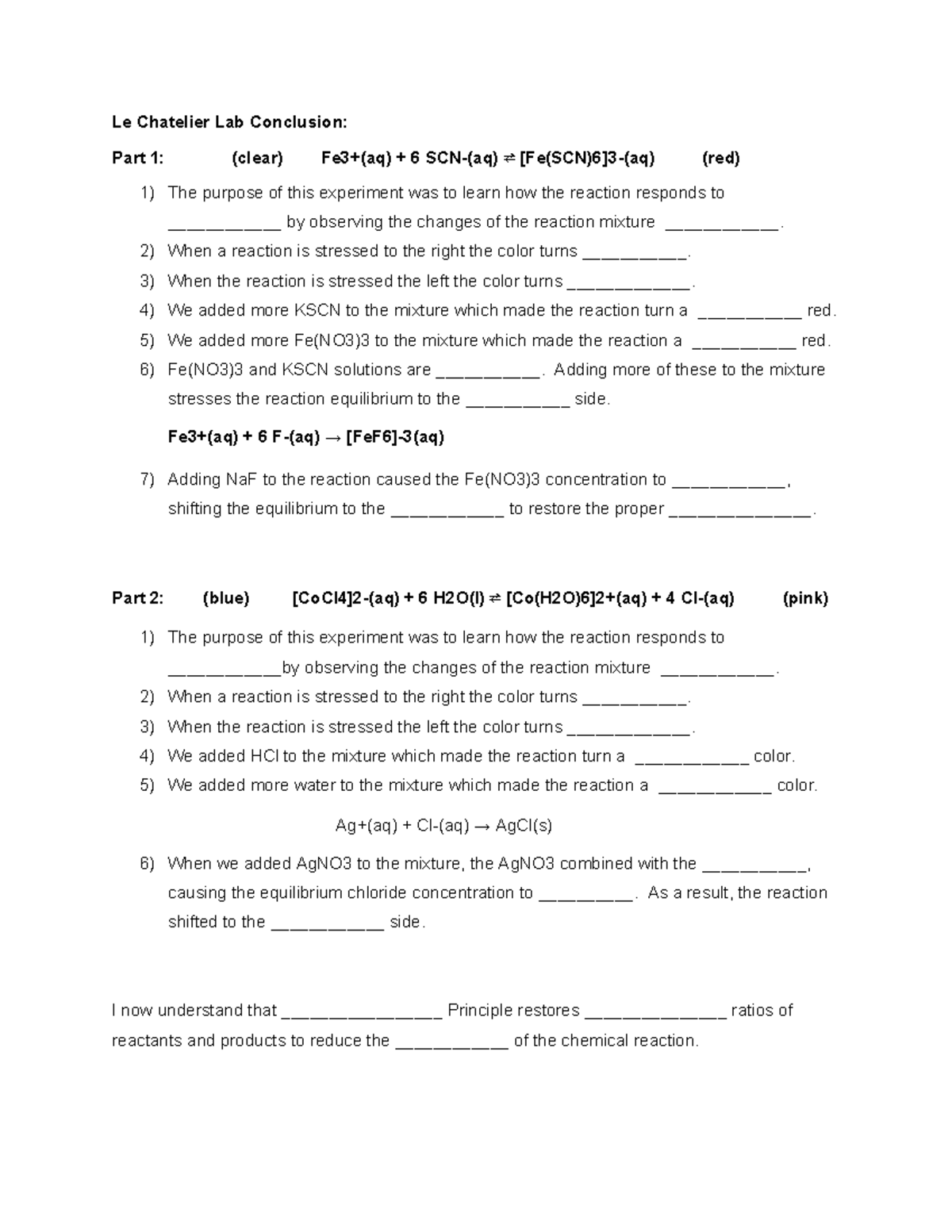 Le Chat Conclusion Sentence Frames - Le Chatelier Lab Conclusion: Part ...