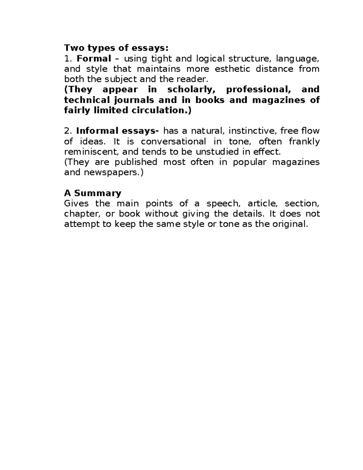 Two types of essays - Summary English - Two types of essays: Formal ...