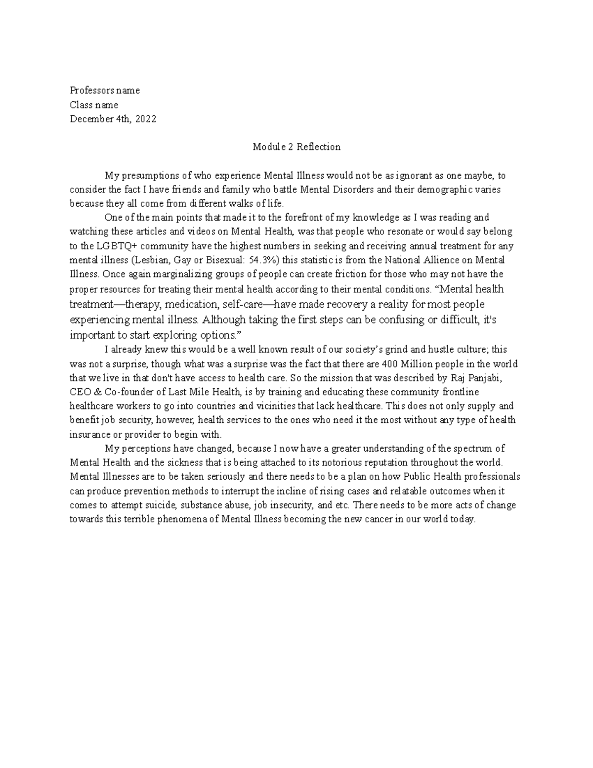 Module 2 Refelction - Writing assignments - Professors name Class name ...