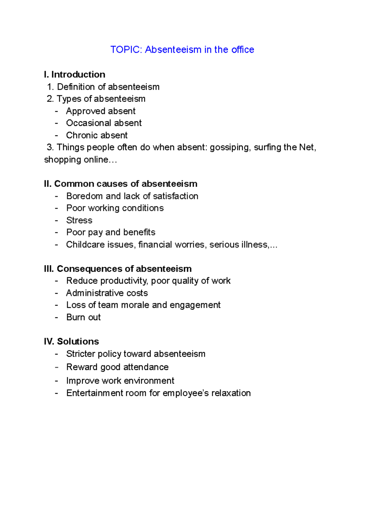Outline TACN1 - TOPIC: Absenteeism in the office I. Introduction 1 ...