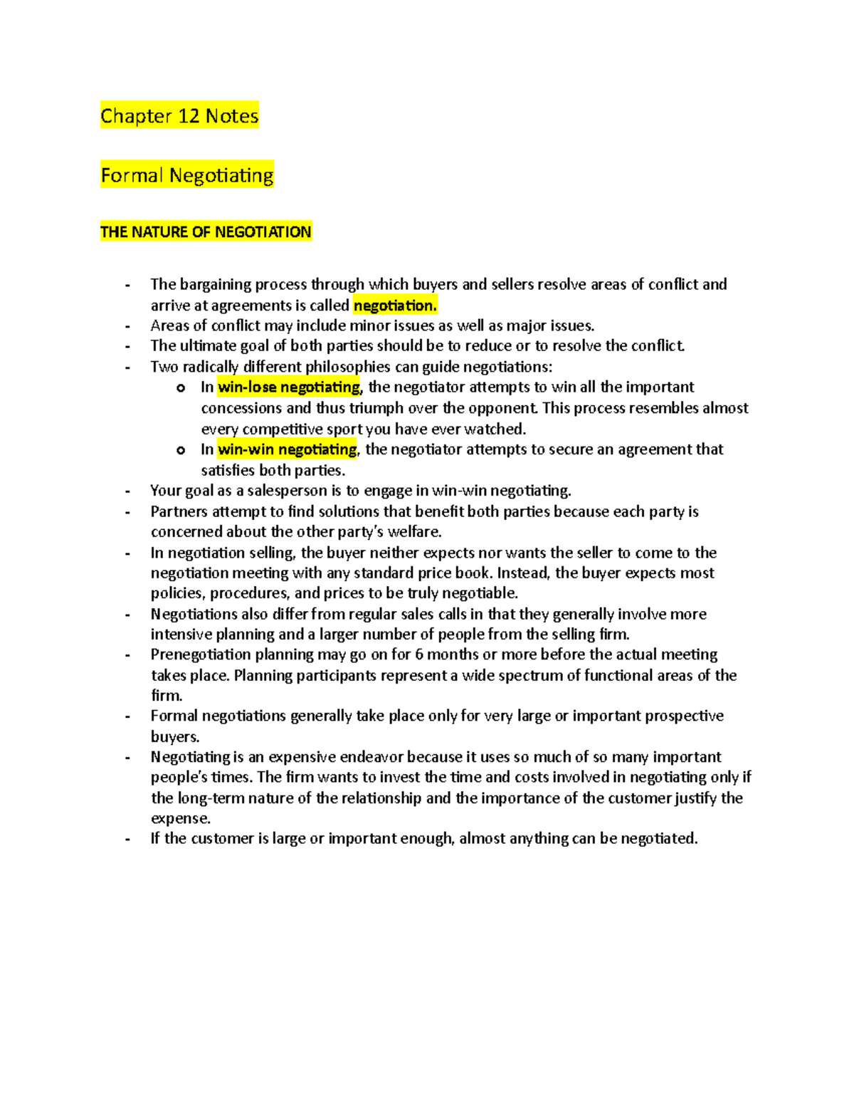 Chapter 12 Notes - Chapter 12 Notes Formal Negotiating THE NATURE OF ...