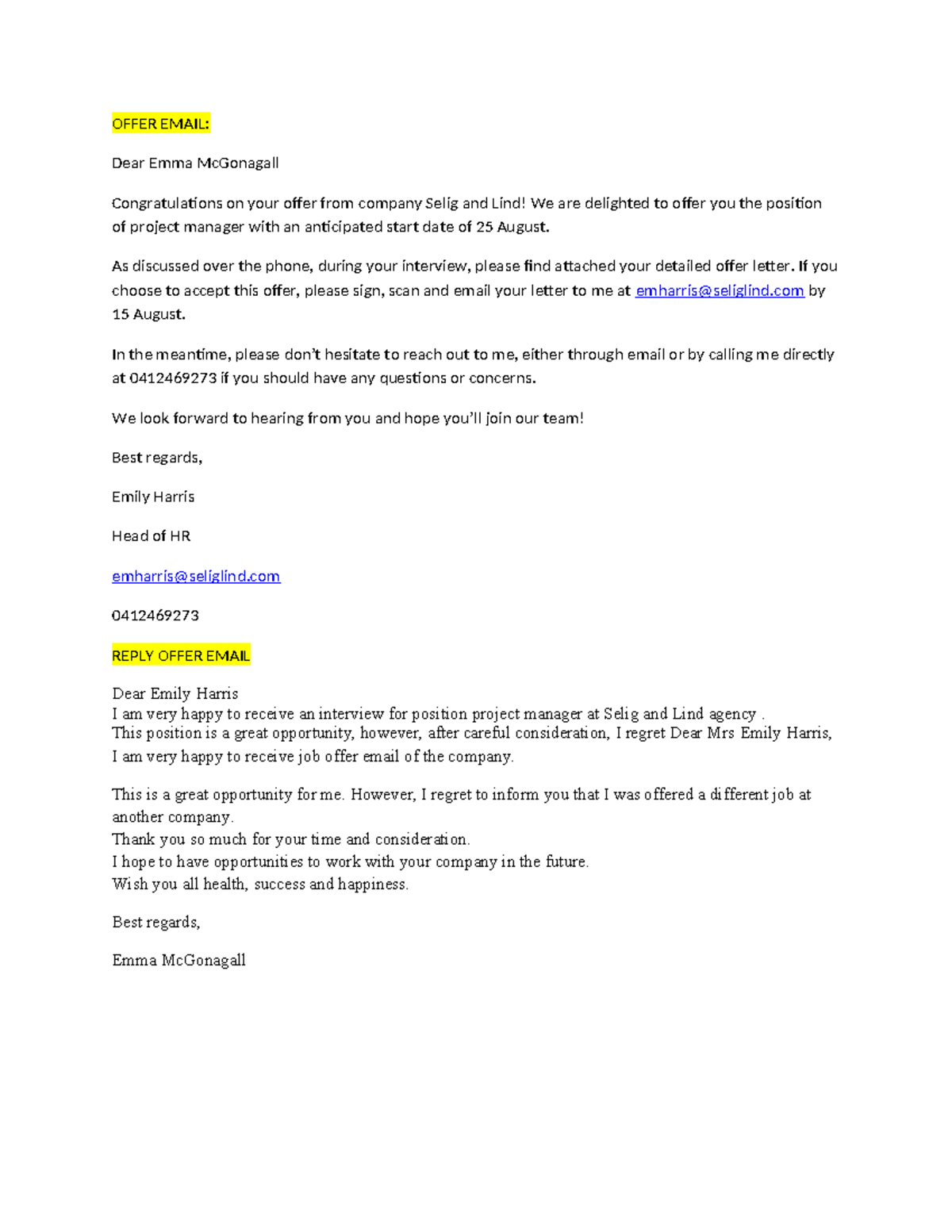 Offer Email reply offer email - OFFER EMAIL: Dear Emma McGonagall ...