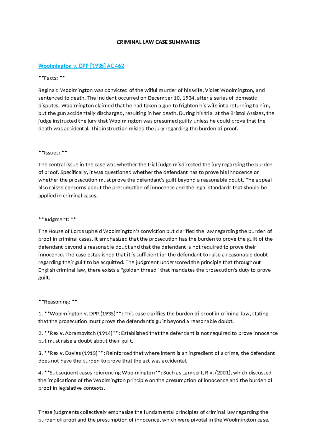 Criminal LAW CASE Summaries - CRIMINAL LAW CASE SUMMARIES Woolmington v ...