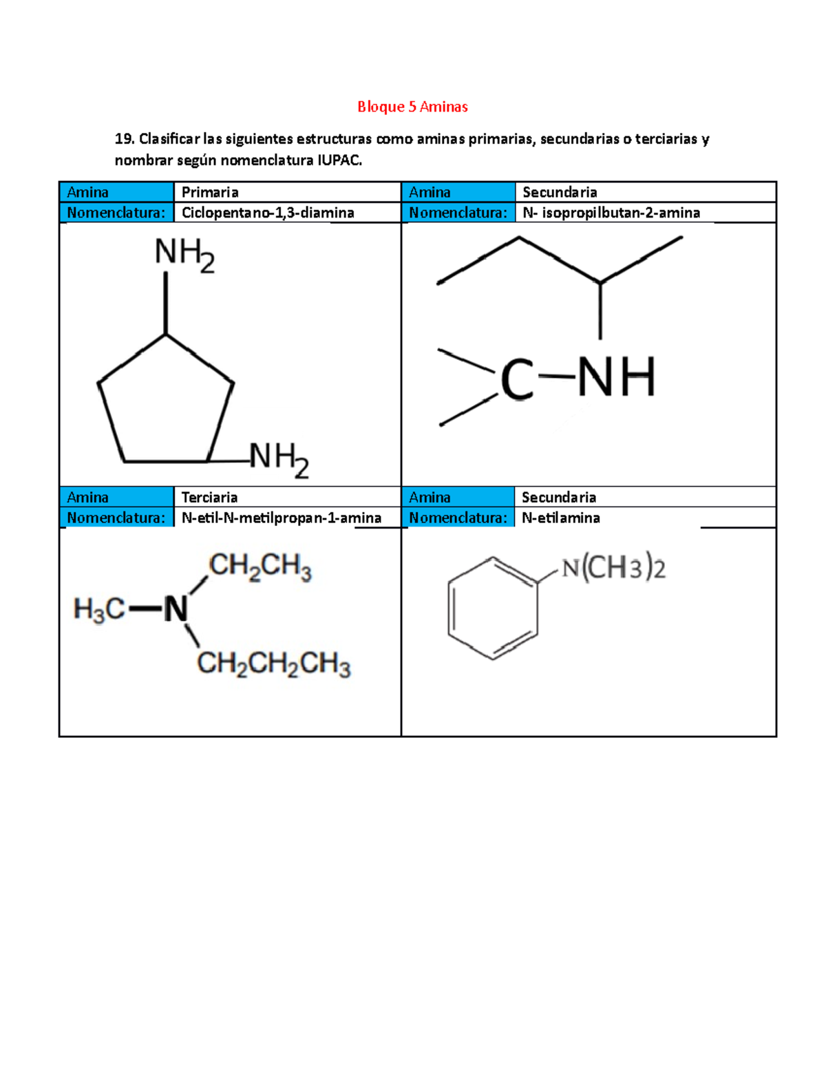 Bloque 5 - ayuda para la discusion - Bloque 5 Aminas 19. Clasificar las ...