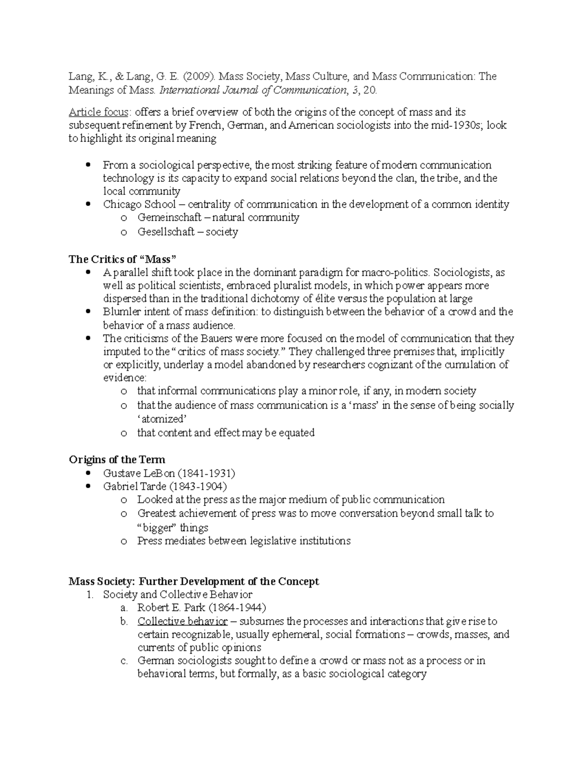 Lang Article Notes - Lang, K., & Lang, G. E. (2009). Mass Society, Mass ...