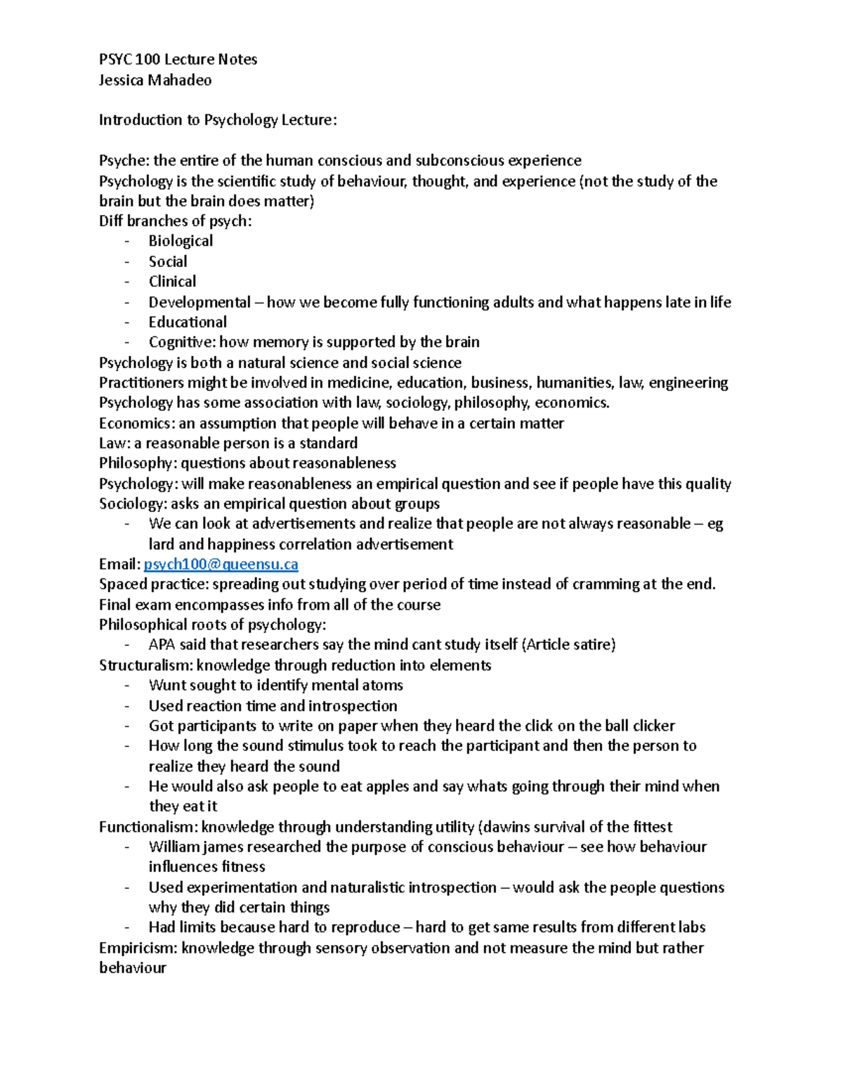 Introduction to Psychology Lecture - PSYC 100 Lecture Notes Jessica ...