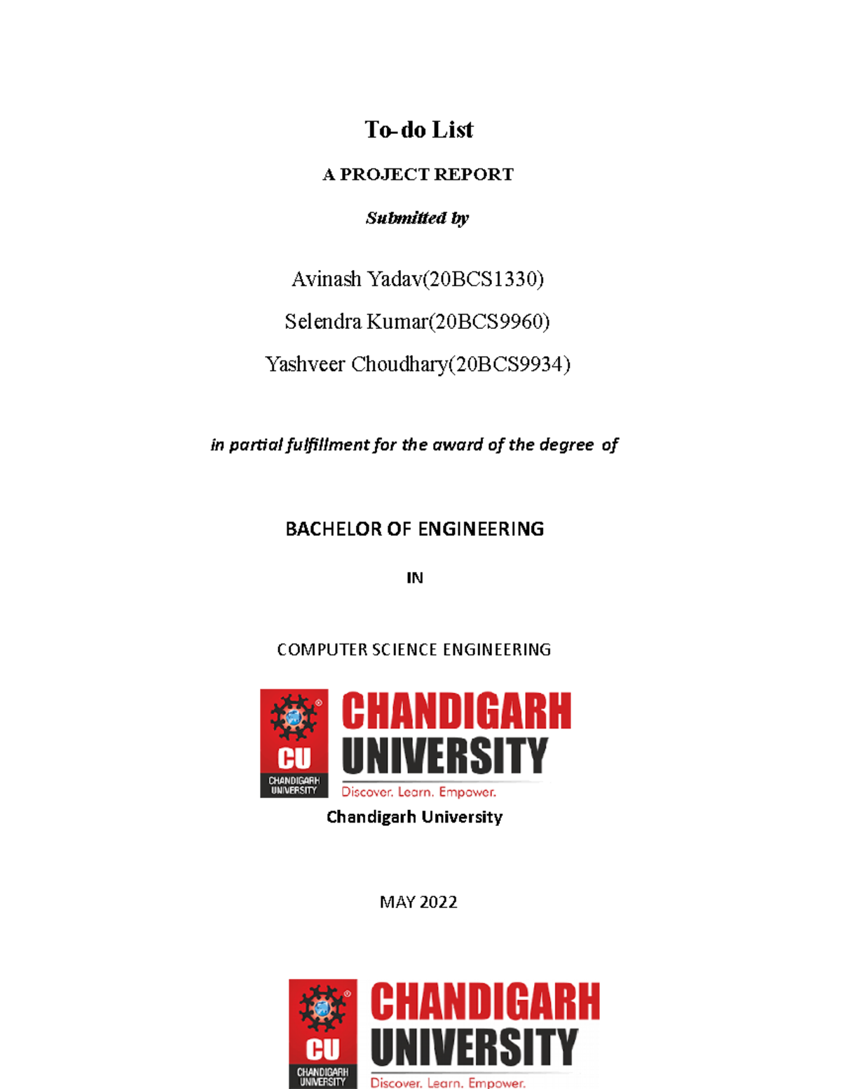 Final Project Report 20BCS1330 - To-do List A PROJECT REPORT Submitted ...