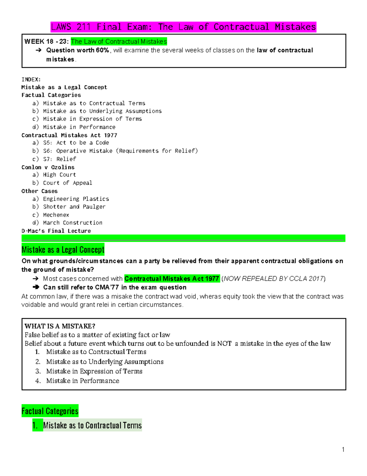 DONE Contractual Mistakes 211 Contract Final Exam - LAWS 211 Final Exam: The Law of Contractual ...