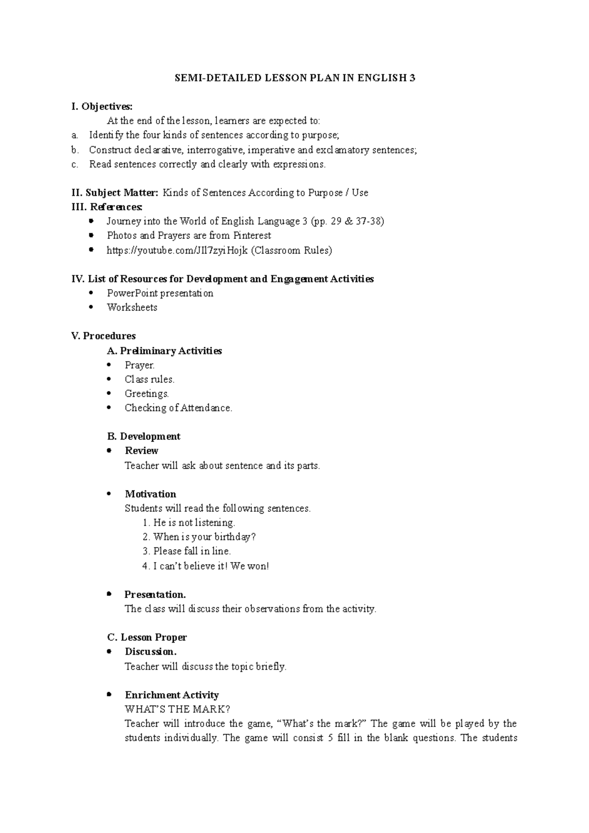 Lesson PLAN Sentences SEMI DETAILED LESSON PLAN IN ENGLISH 3 I lesson-plan-sentences-semi-detailed-lesson-plan-in-english-3-i