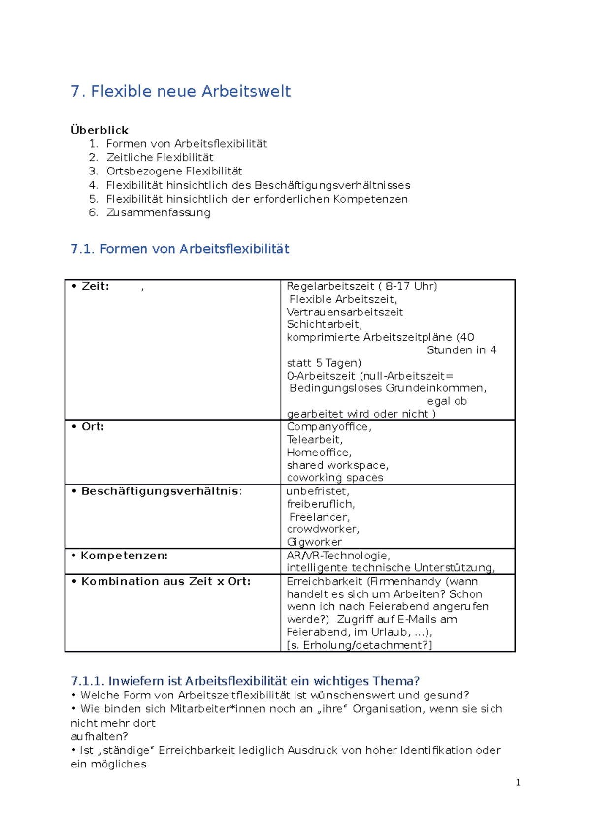 A7 Arbeitspsychologie Flexible Arbeitszeiten - 7. Flexible neue Arbeitswelt Überblick 1. Formen ...
