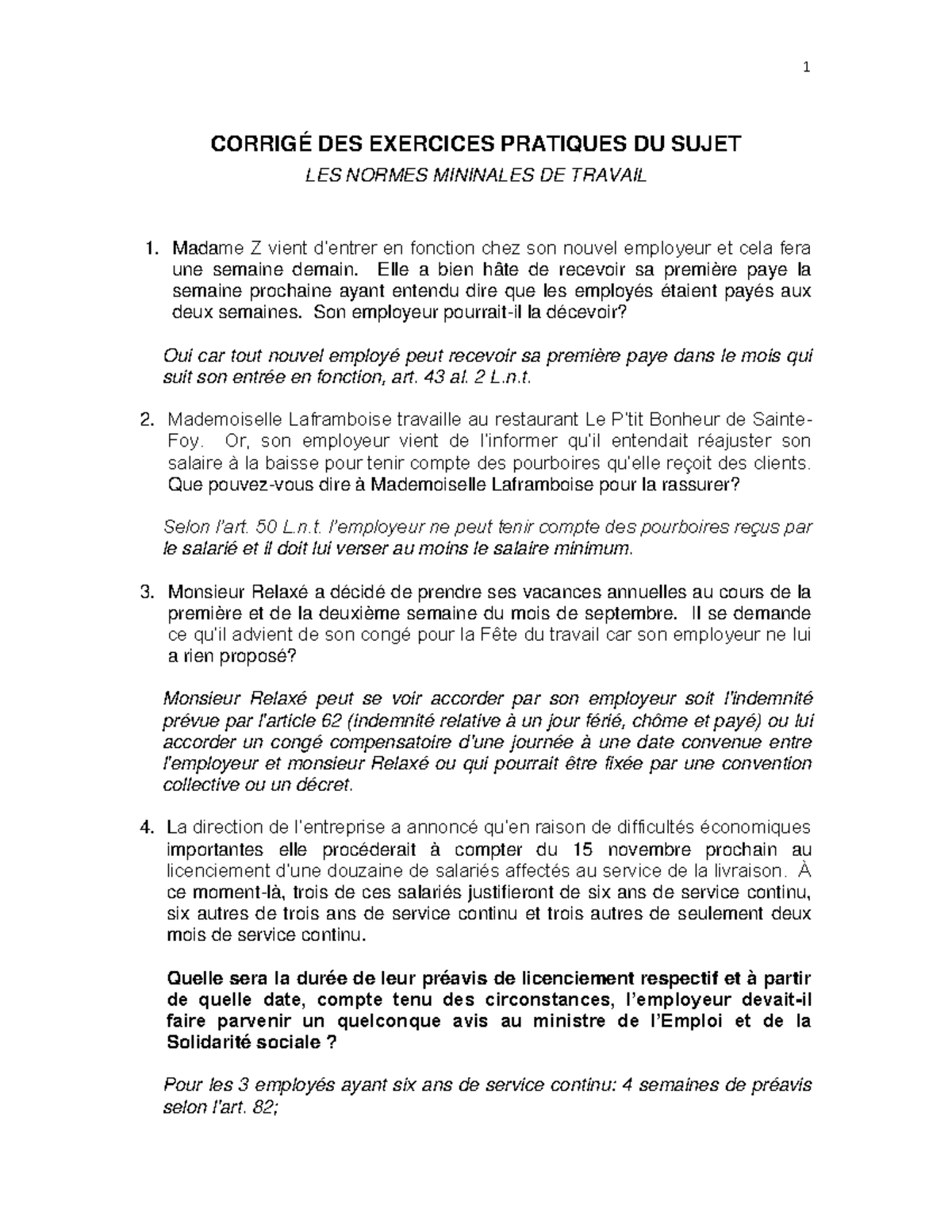 Corrigé exercices pratiques sujet Loi sur les normes du travail, A-23 ...