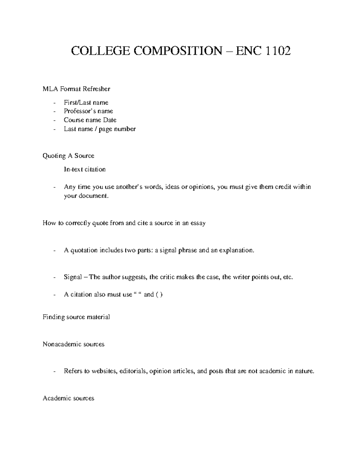 College Composition ENC1102 notes 1 - COLLEGE COMPOSITION – ENC 1102 ...