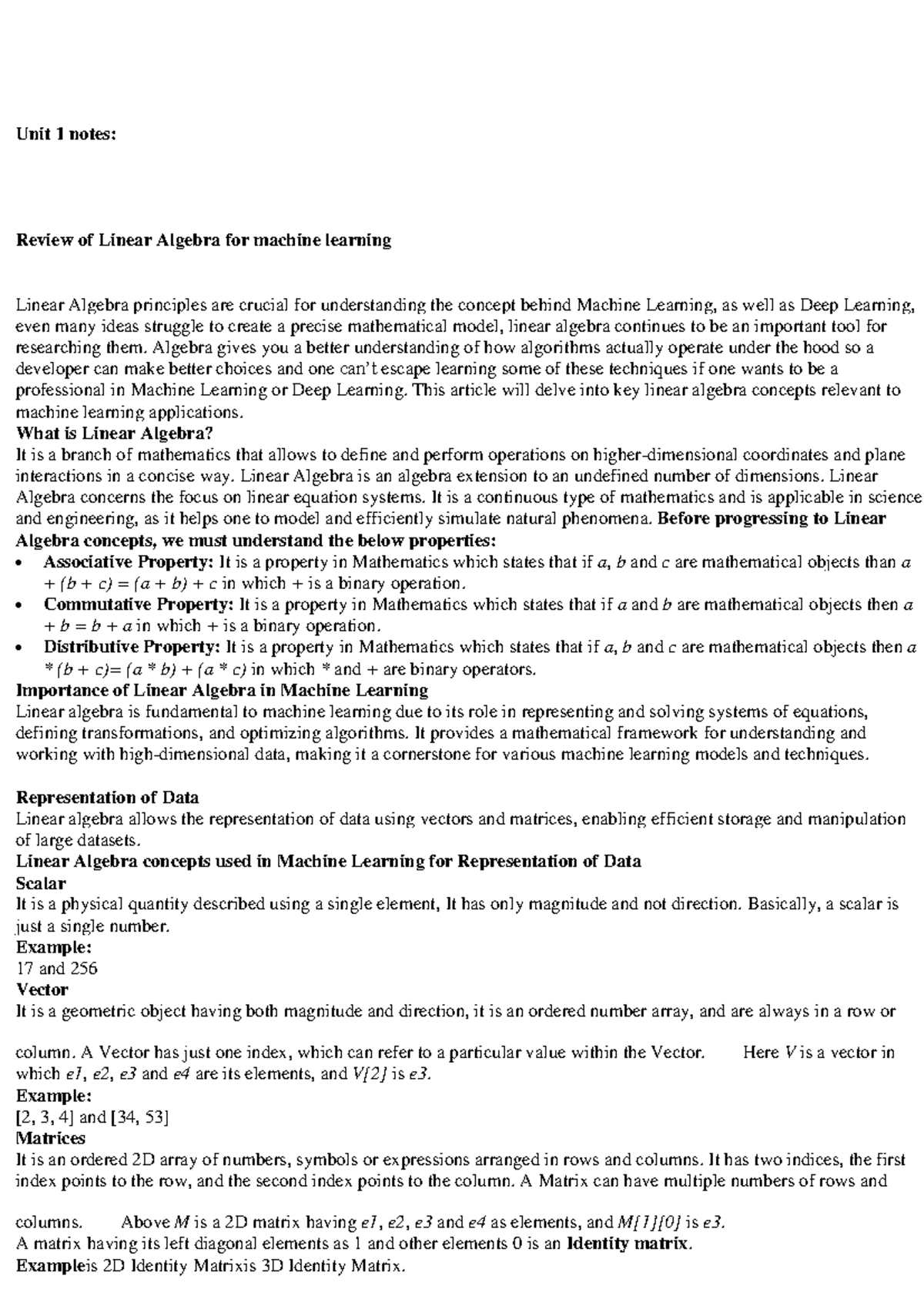 Notes for ML assignment - Unit 1 notes: Review of Linear Algebra for ...