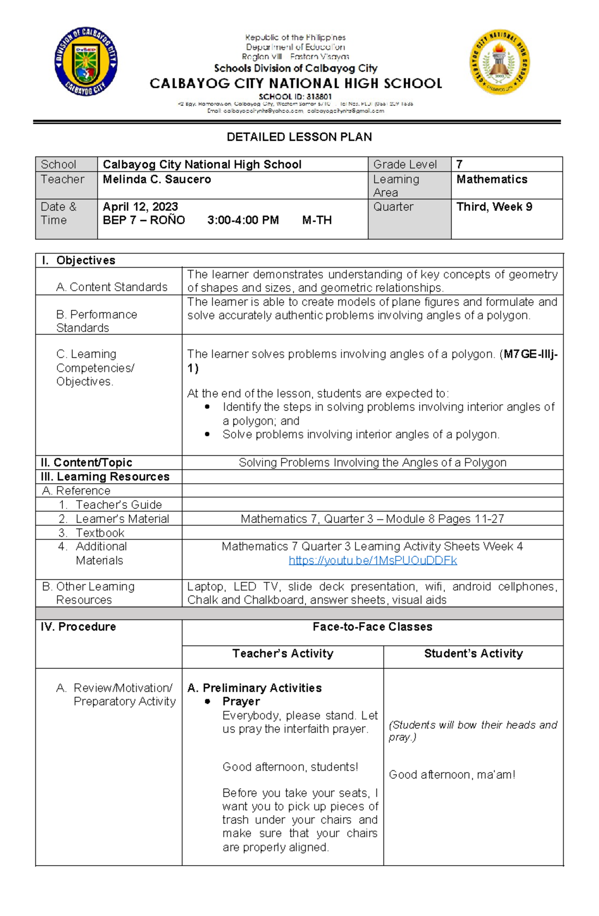 DLP FOR Final DEMO - DLP Sample for CO - DETAILED LESSON PLAN School ...