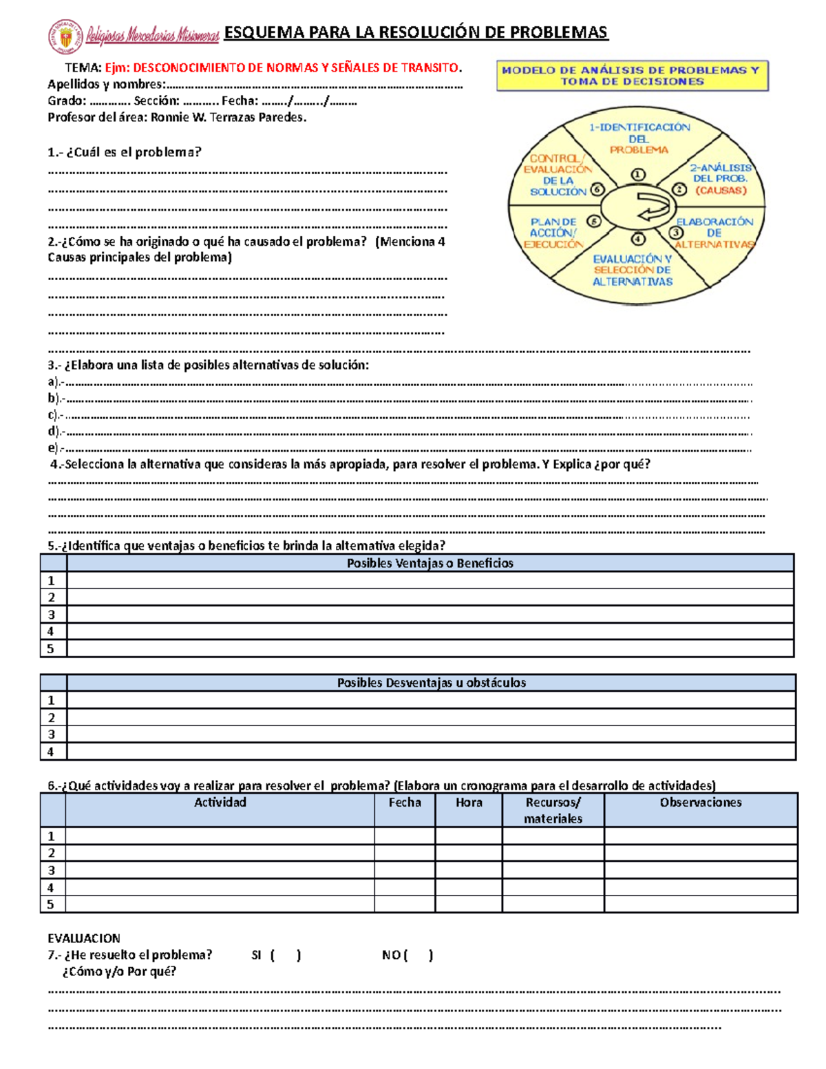 Ficha para la resolucion de problemas - ESQUEMA PARA LA RESOLUCIÓN DE PROBLEMAS TEMA: Ejm: - Studocu