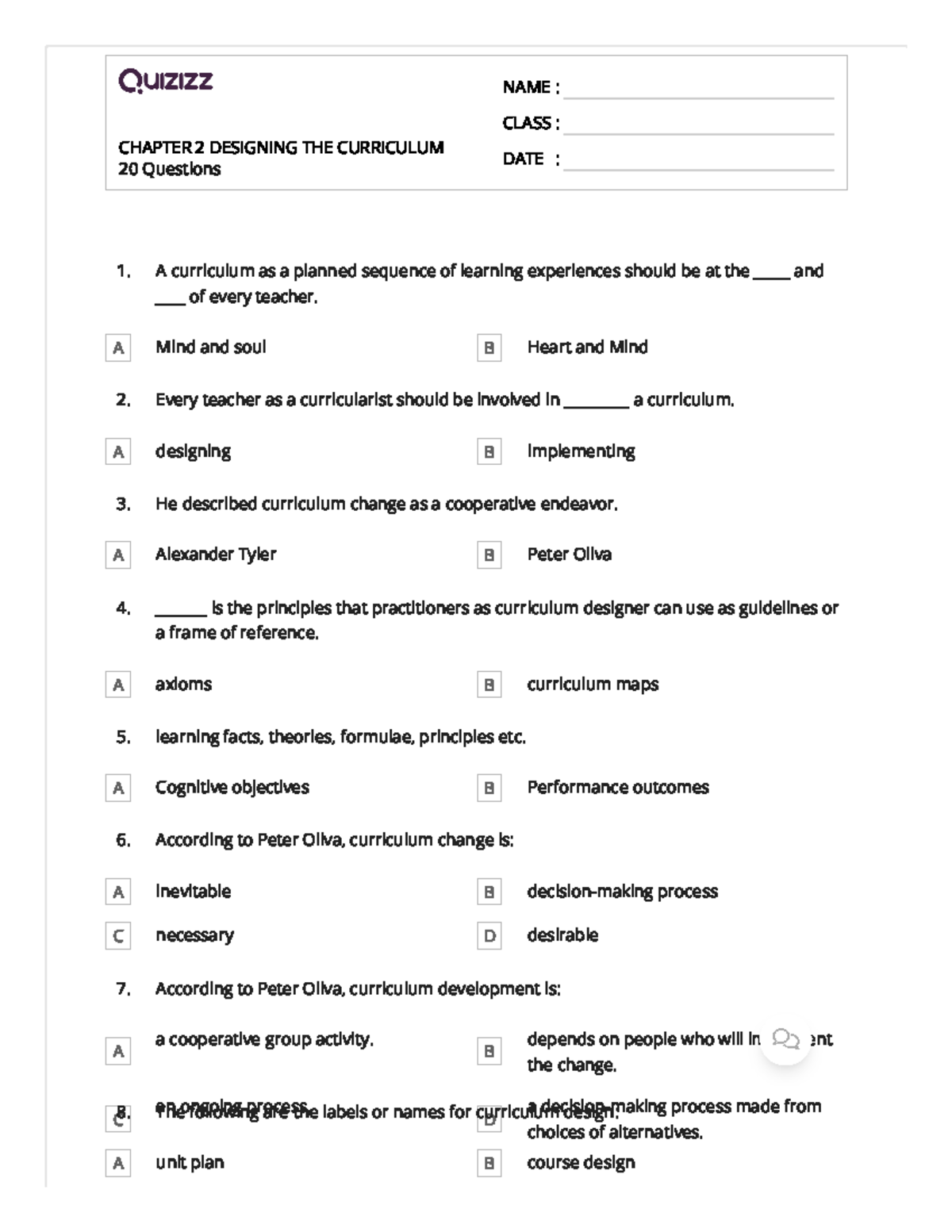 Chapter 2 Designing THE Curriculum - QUIZ - CHAPTER 20 Questions 2 ...