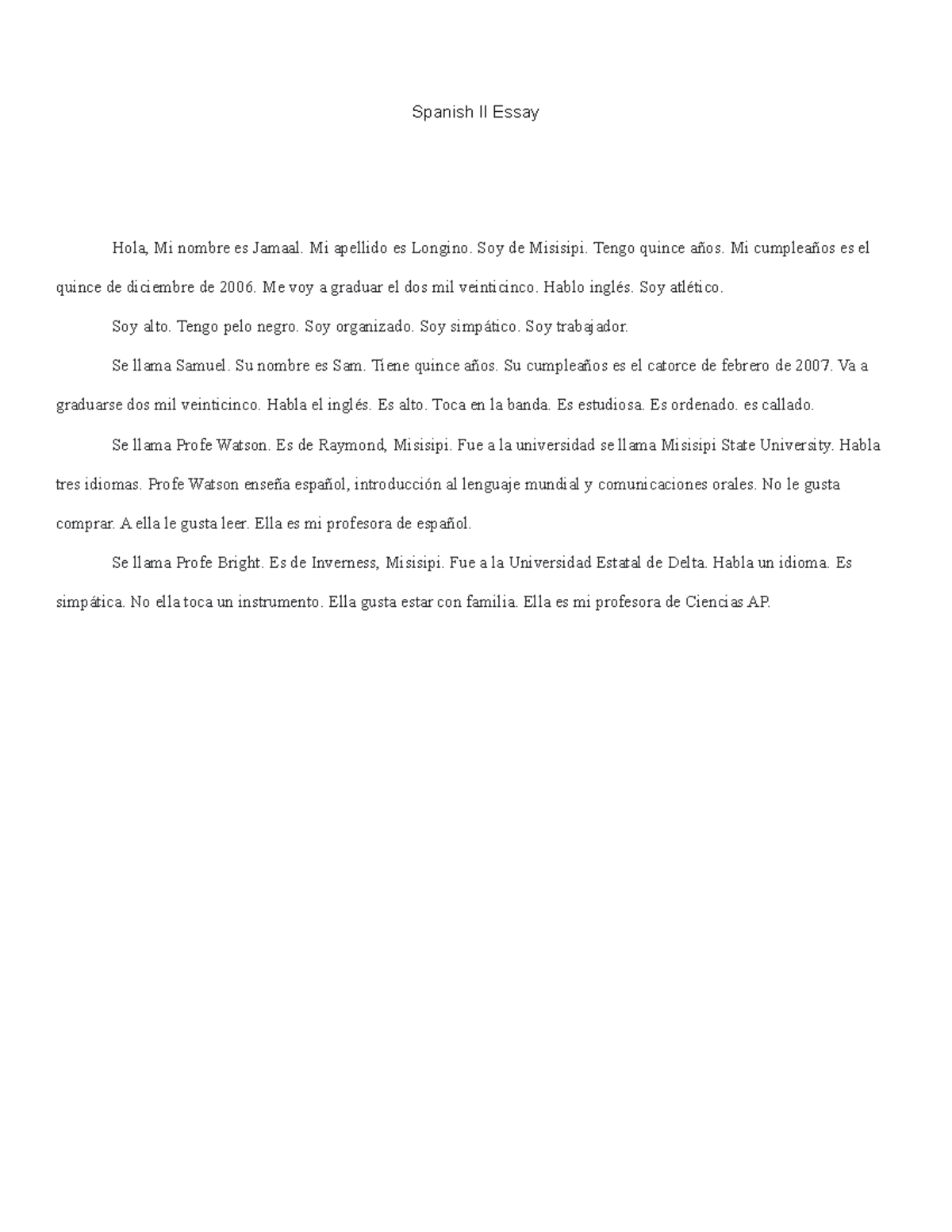 Spanish II Essay - This is class work for unit 1 chapter 5 - Spanish II ...